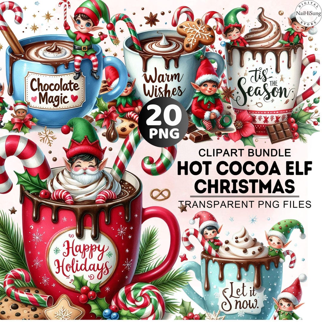 Watercolor Christmas Hot Cocoa Elf Clipart, Xmas PNG Festive Elf Hot ...