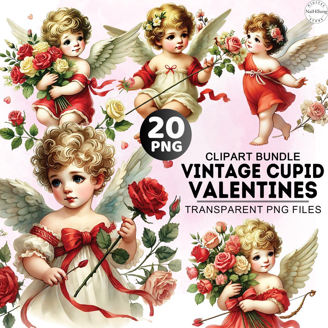 Watercolor Vintage Cupid Clipart, 20 PNG Love Cupid Clipart, Valentines ...