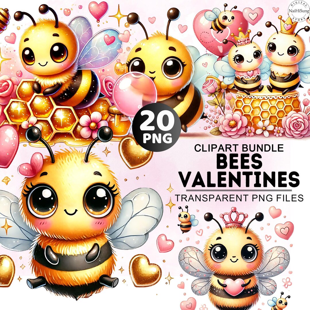 Watercolor Valentine Bees Clipart, Animal Valentines PNG Cute Baby Bee ...