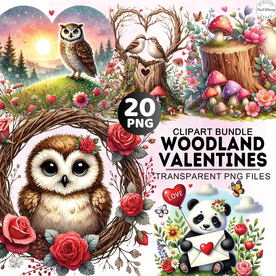 Watercolor Woodland Valentines Clipart, Animals PNG Woodland Animal ...