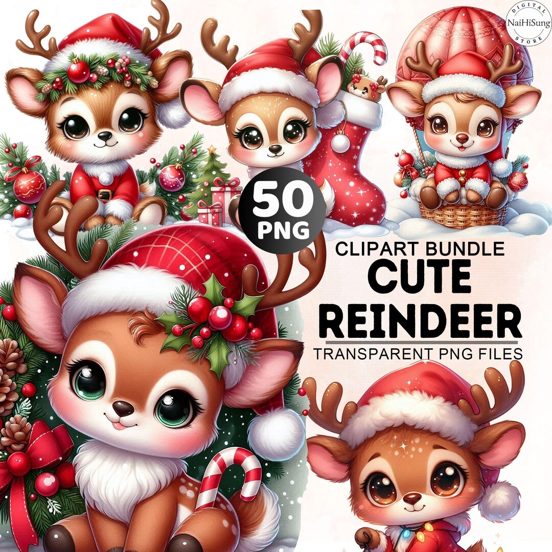 Watercolor Cute Reindeer Clipart, Christmas PNG Funny Christmas ...