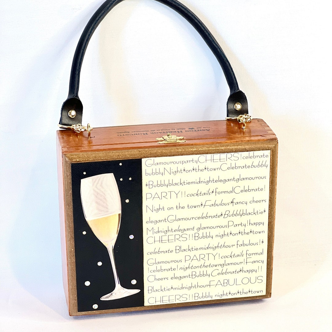 Champagne Handbag, Black and Gold Evening Bag, Bubbly Gift, Square Wood ...