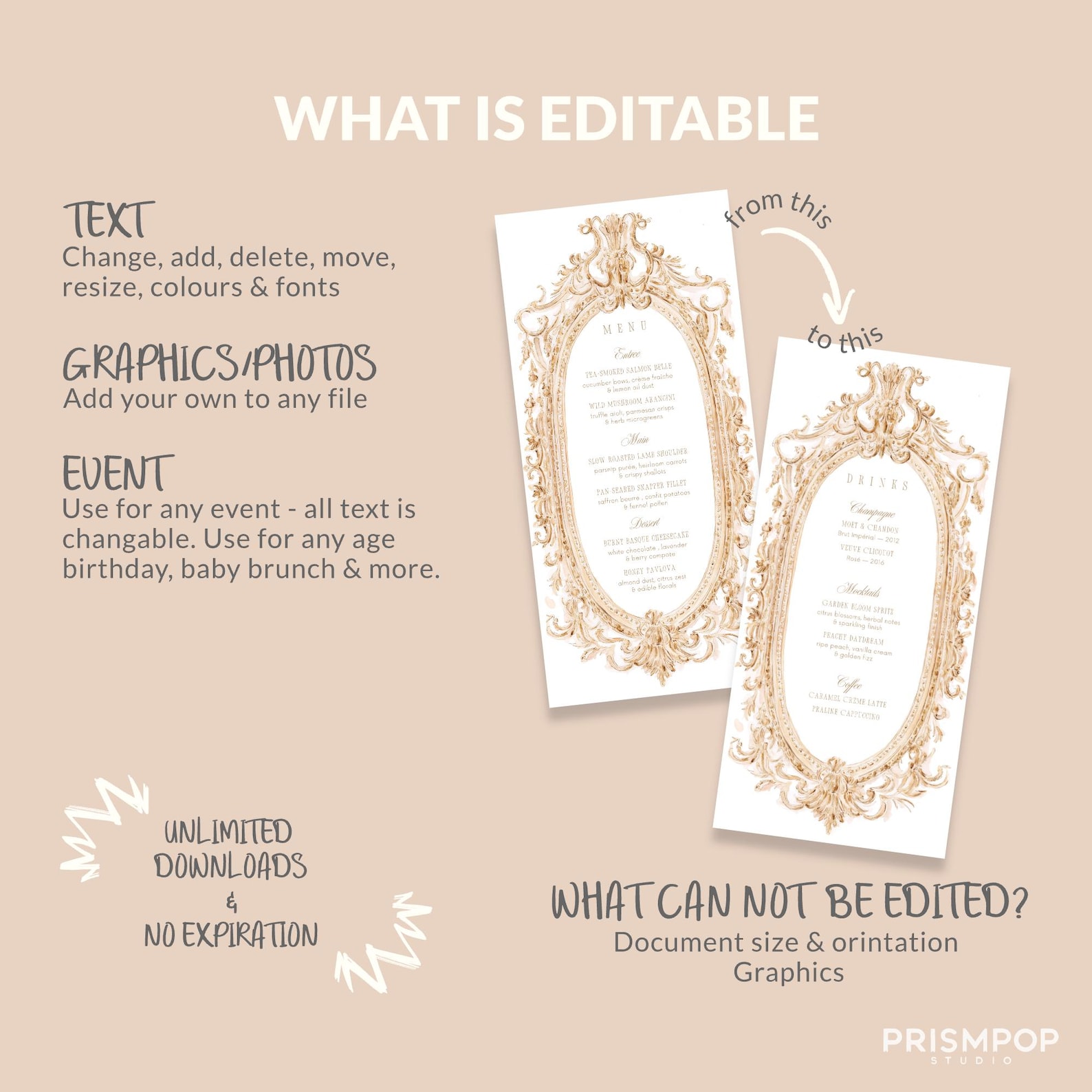 Vintage Gold Menu and Place Card Printable Royal Template, Baroque Menu ...