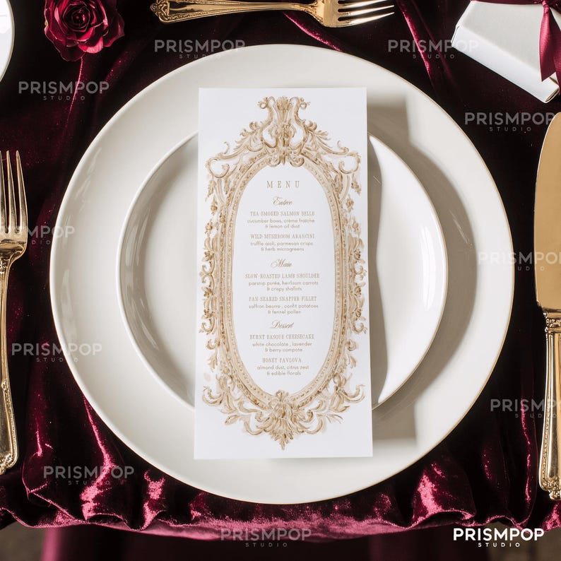 Vintage Gold Menu and Place Card Printable Royal Template, Baroque Menu ...