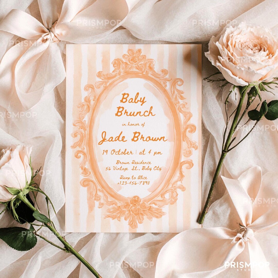 Orange Grandmillennial Brunch Baby Shower Printable Invitation Template ...
