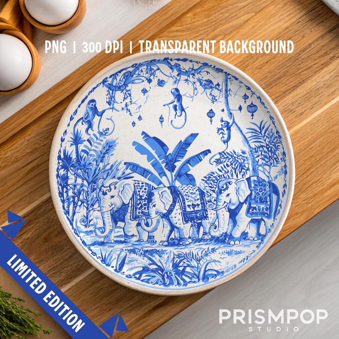 Blue Toile Jungle Scene PNG | Vintage Elephants & Monkeys Clipart ...
