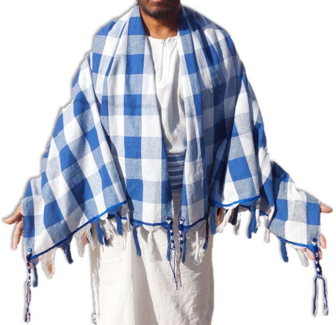 Cotton Tallit Gadol Prayer Shawl • Blue & White Plaid • Handmade • 57 ...