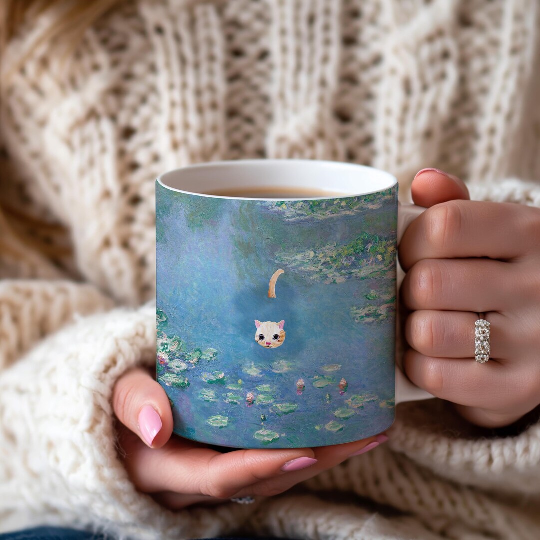 Funny White Cat Mug, Monet Waterlilies Coffee Cup, Cute Cat Lover Gift ...