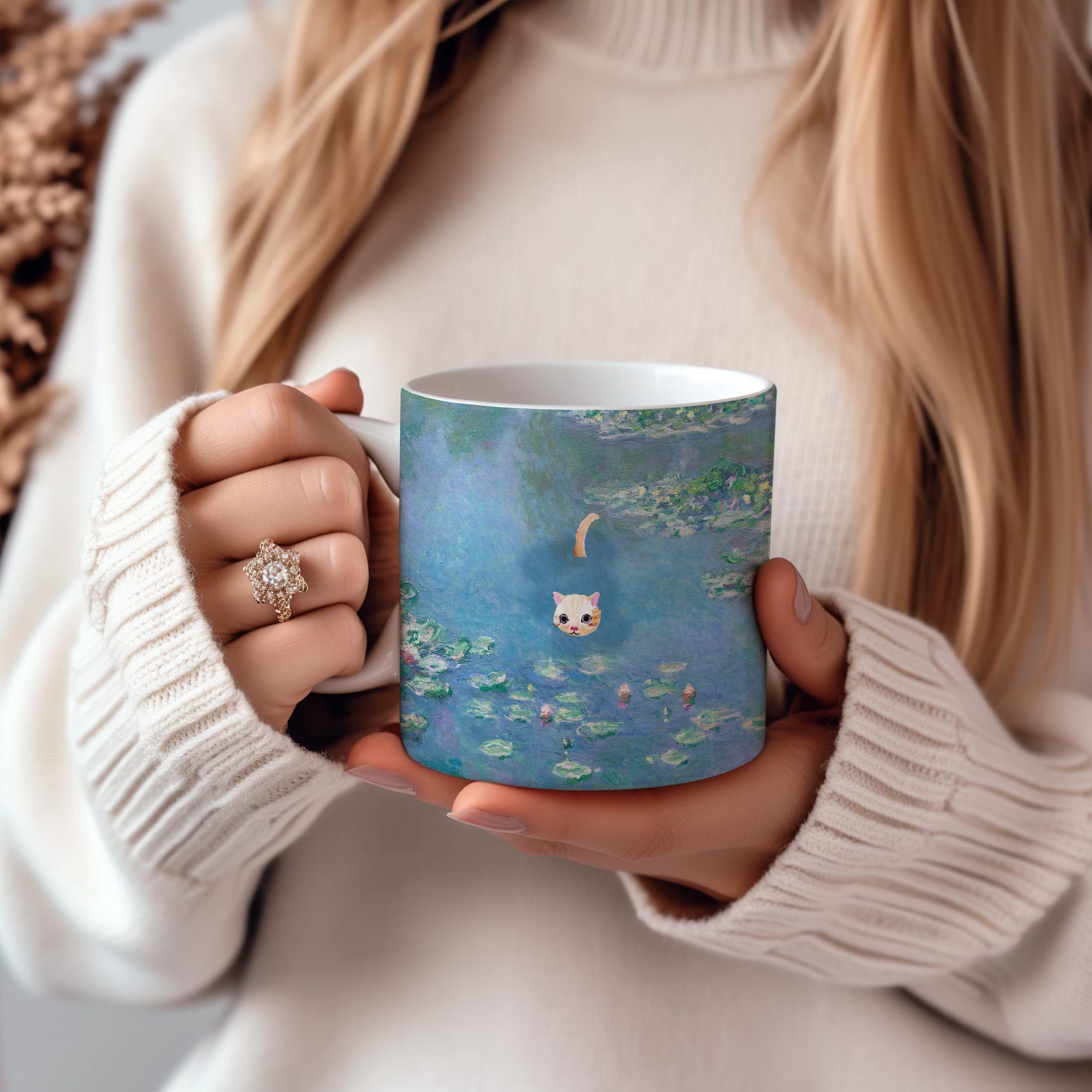Funny White Cat Mug, Monet Waterlilies Coffee Cup, Cute Cat Lover Gift ...