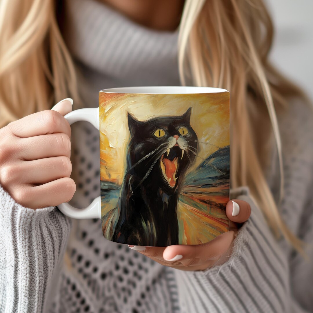 Black Cat Munch Mug, Cat Cup, Fall Coffee Mug, the Scream, Cute Cat ...