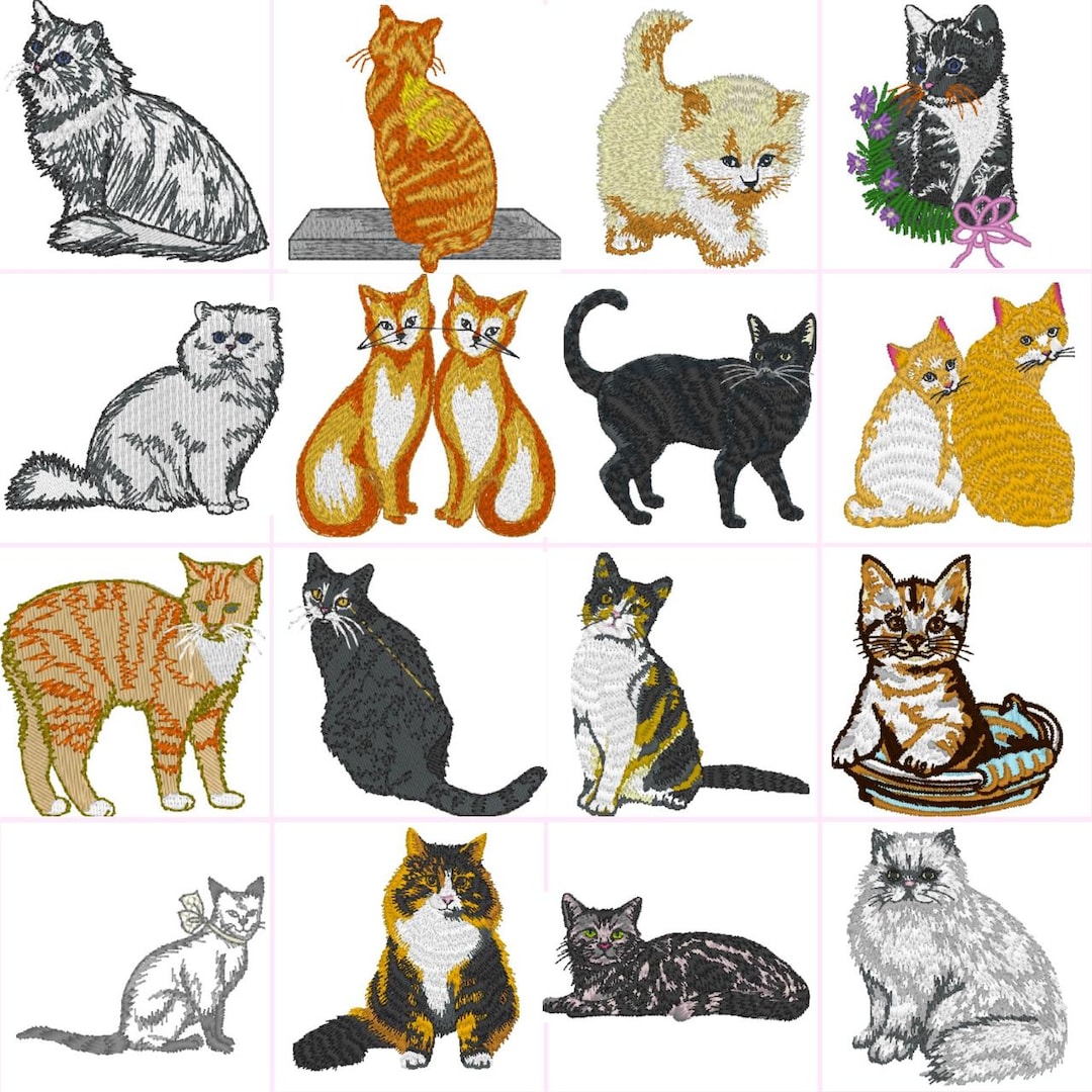 Cats and Kittens Pets Digital Embroidery Files Set of 16 Dst,exp,hus ...