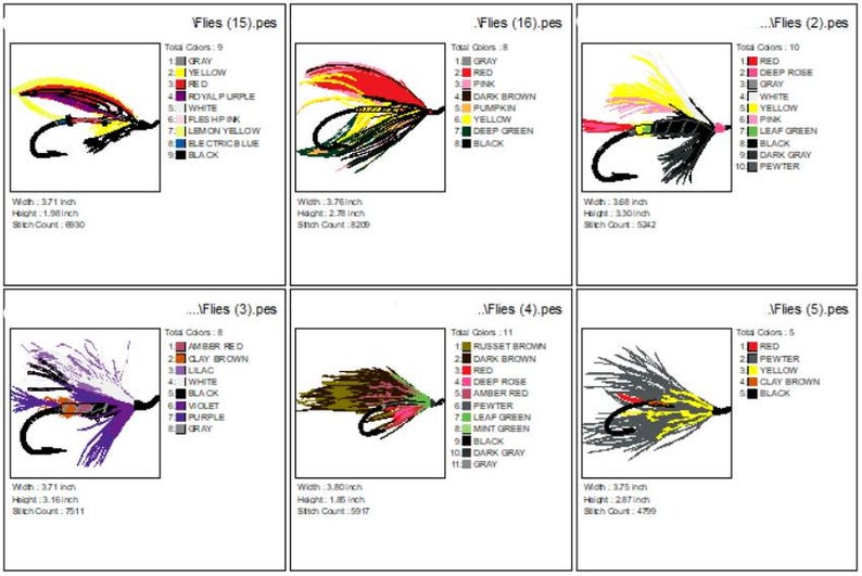 Fishing Flies Digital Machine Embroidery Files Set of 16 ( Set 1 ) Dst ...