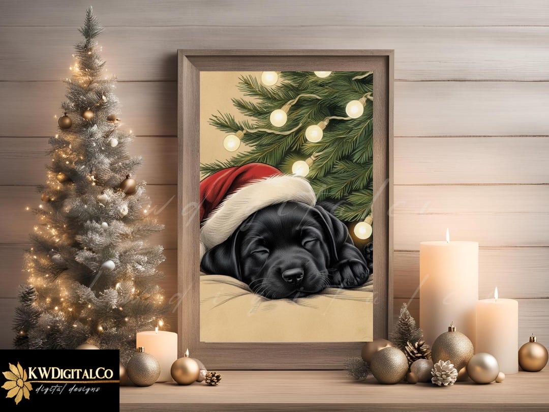 Black Lab Christmas Print Holiday Puppy Wearing Santa Printable Hat ...
