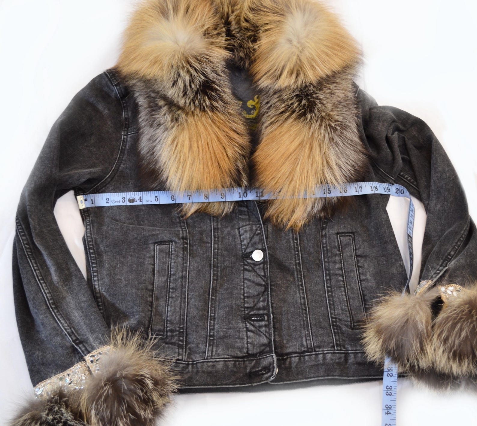 Upcycled Denim Jacket: Red Fox Fur Collar, Rhinestone Feather - Couture ...