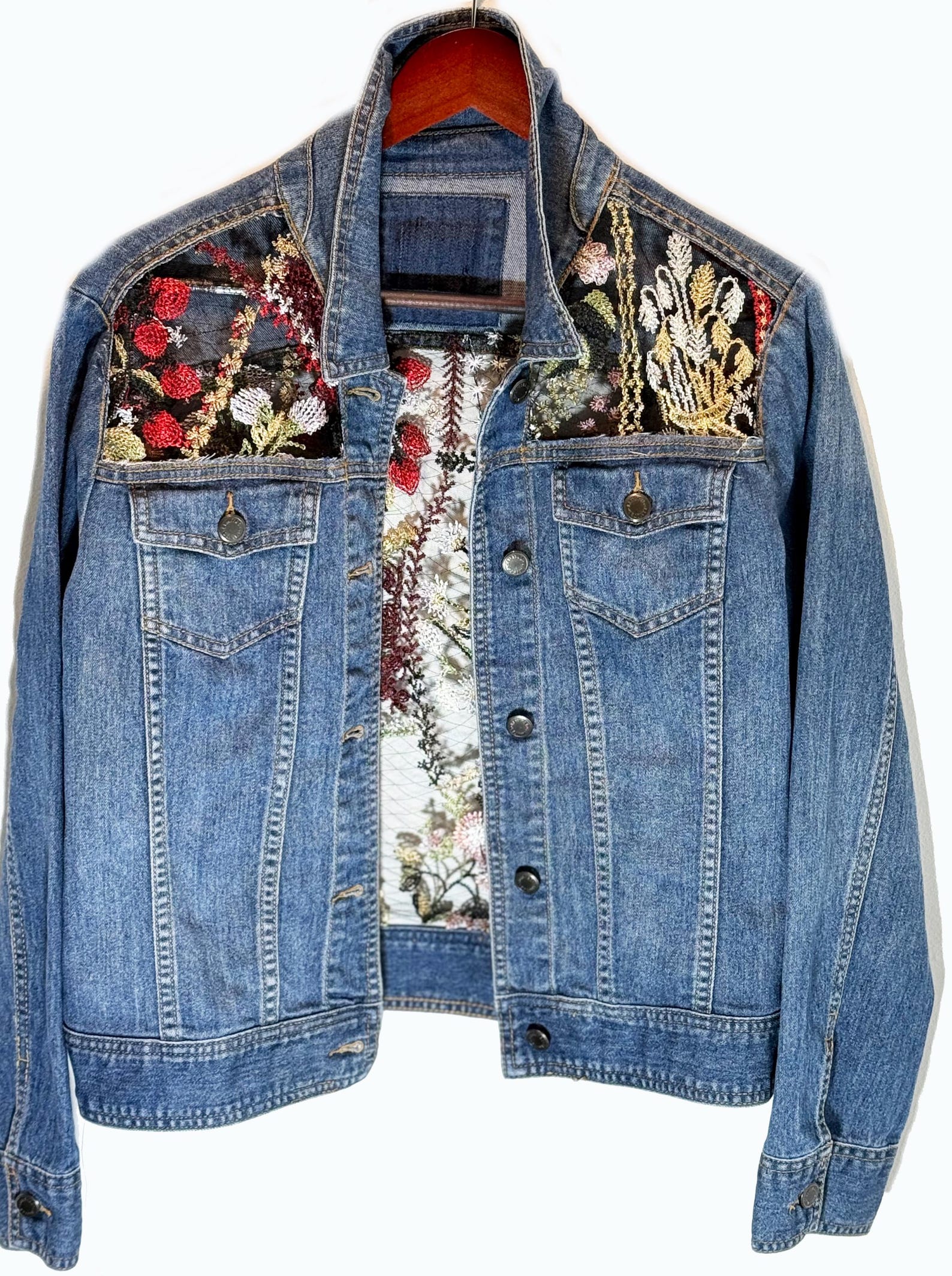 Boho Vibrant Sheer Floral Embroidered Denim Jacket With Embellished ...