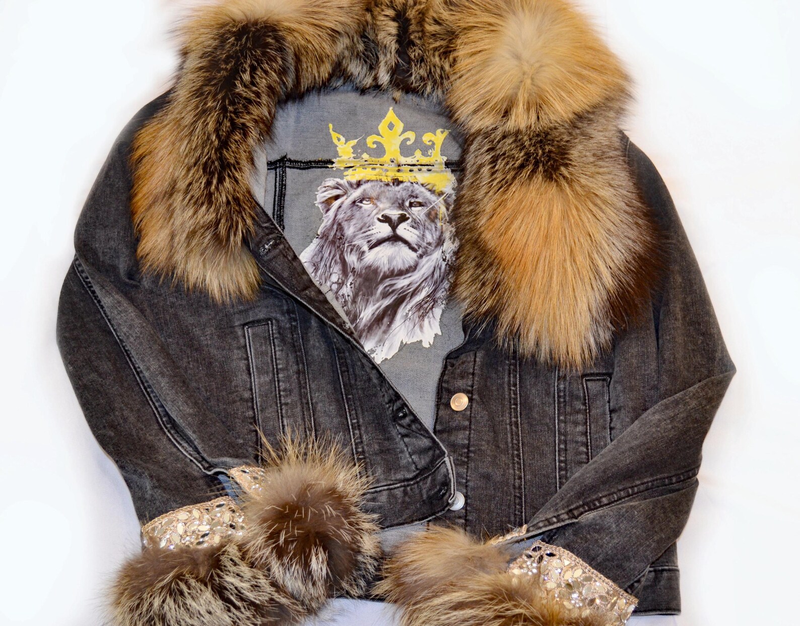 Upcycled Denim Jacket: Red Fox Fur Collar, Rhinestone Feather - Couture ...