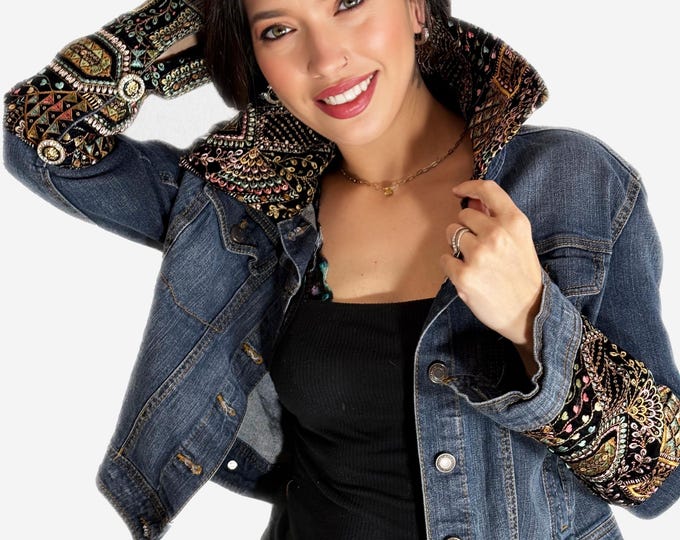 Up Cycled Denim Cropped Jacket With Patchwork Motif - Etsy