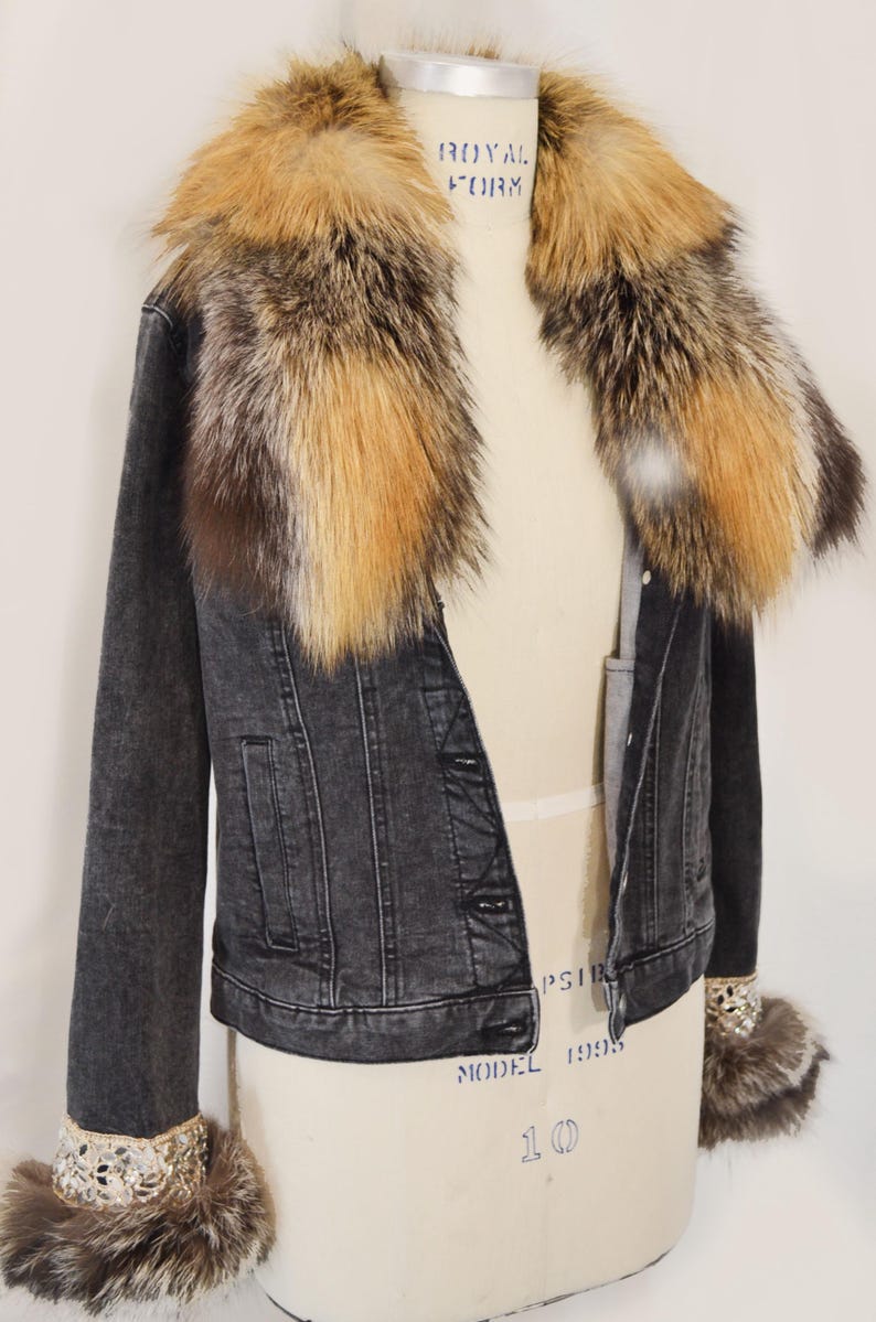 Upcycled Denim Jacket: Red Fox Fur Collar, Rhinestone Feather - Couture ...