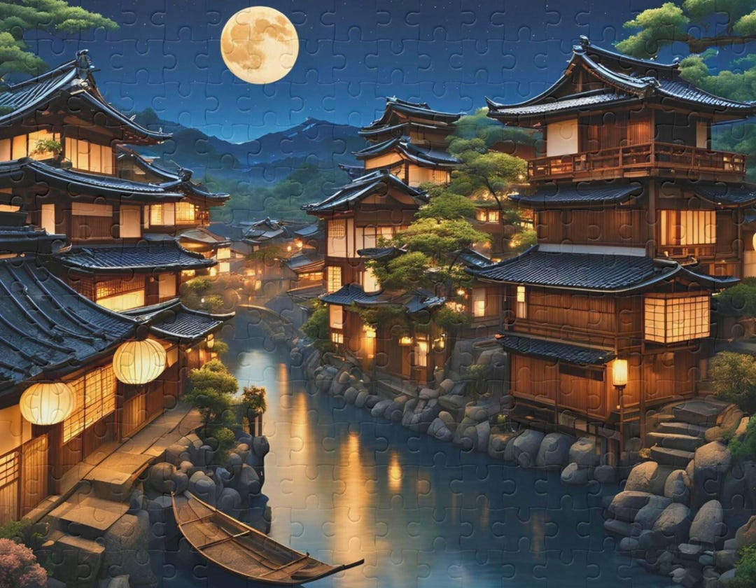 Puzzle 252-Piece Traditional Japanese Night Scene, Full Moon, Wooden ...