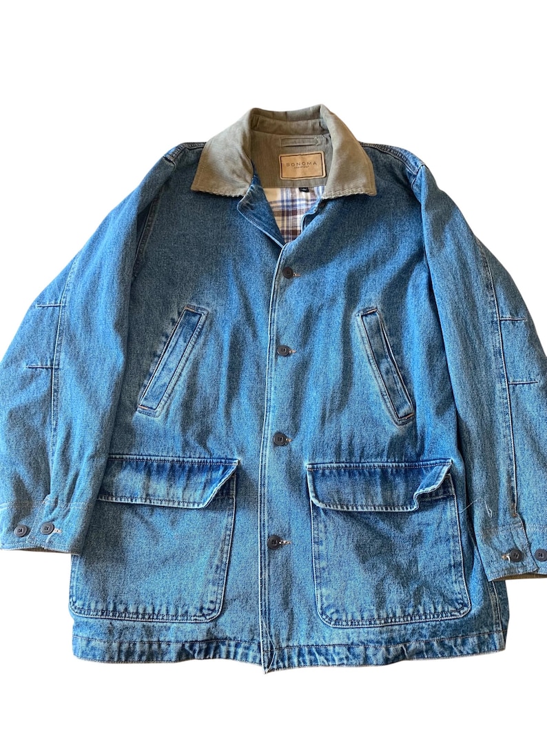 Vintage Barn Coat Men Sz L Denim Jacket Plaid Lined Y2K - Etsy