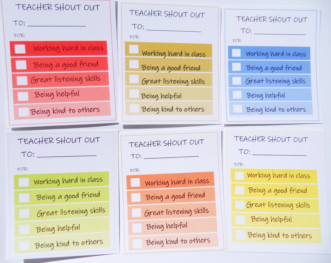 Printable Teacher Shout Out Cards, Student Recognition Motivation Cards ...