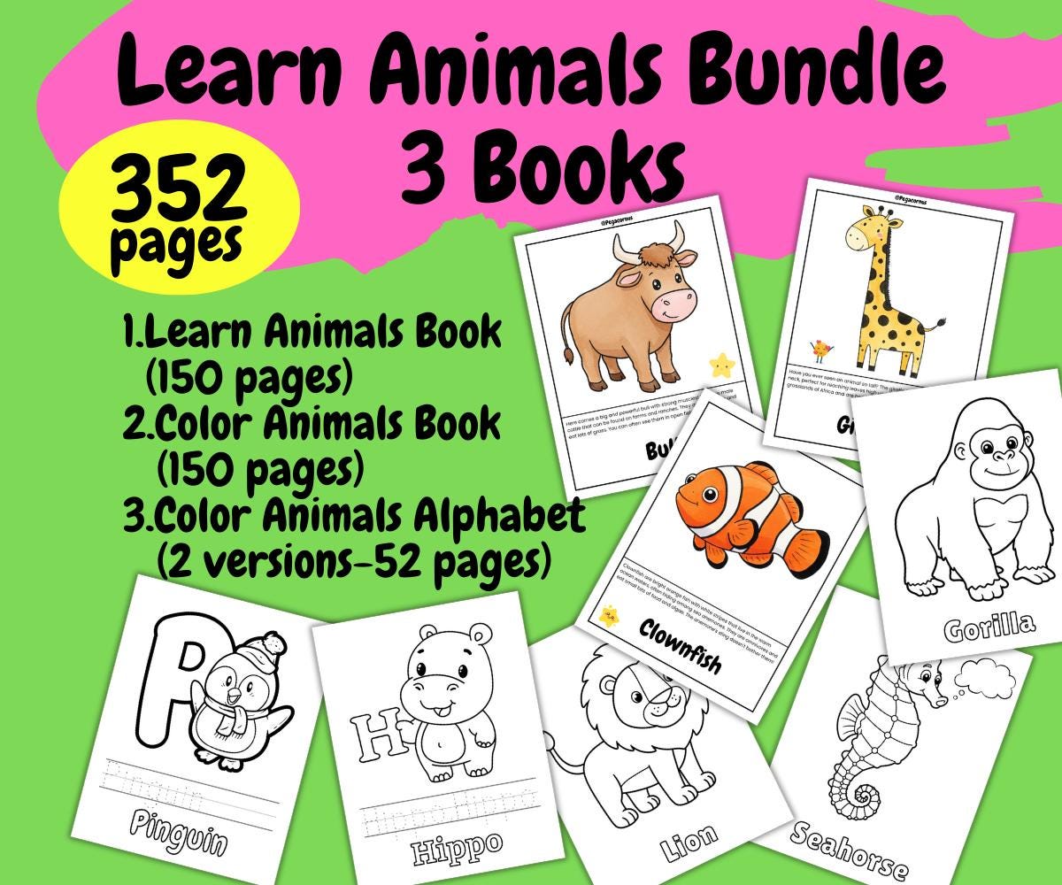 352 Pages Animals Learning Bundle for Kids, Animals Coloring, Animal ...