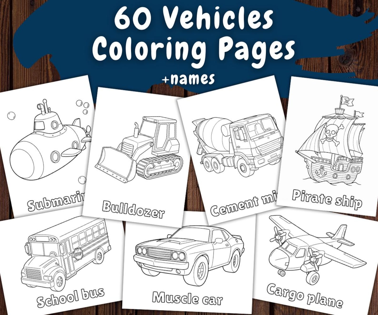 60 Vehicles Coloring Pages for Kids, Kindergarten Coloring Book, Easy ...