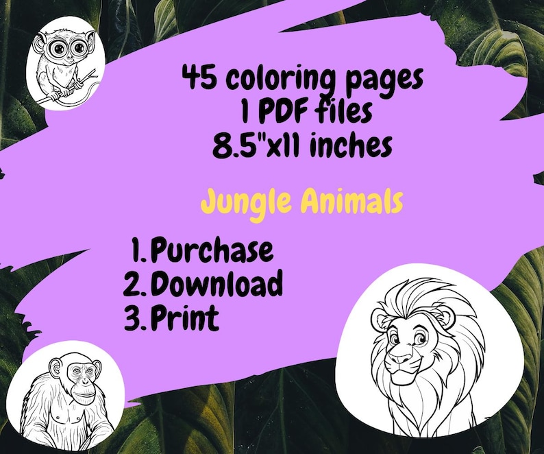 45 Jungle Animal Coloring Page for Kids, Safari Animals Coloring Book ...