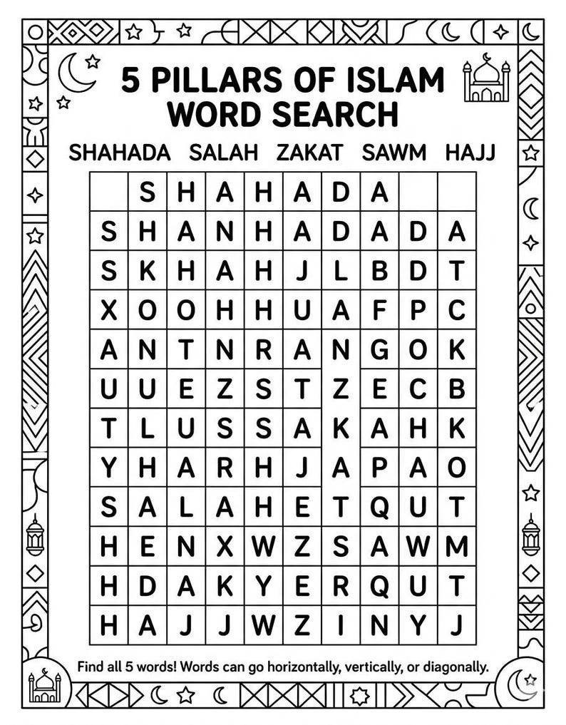 5 Pillars of Islam Word Search | Islamic Kids Activity (PDF Download ...