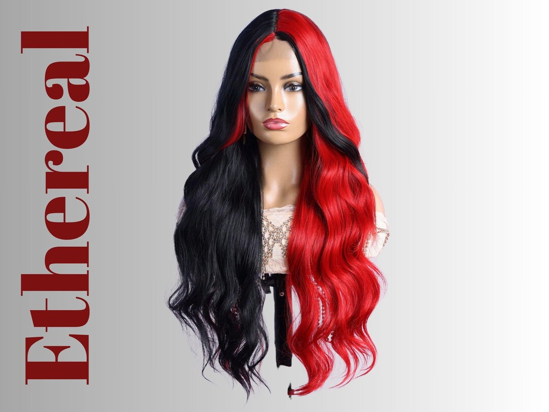 Red and Black Split Wig – 28 Inch Long Wavy Synthetic Wig for Women ...