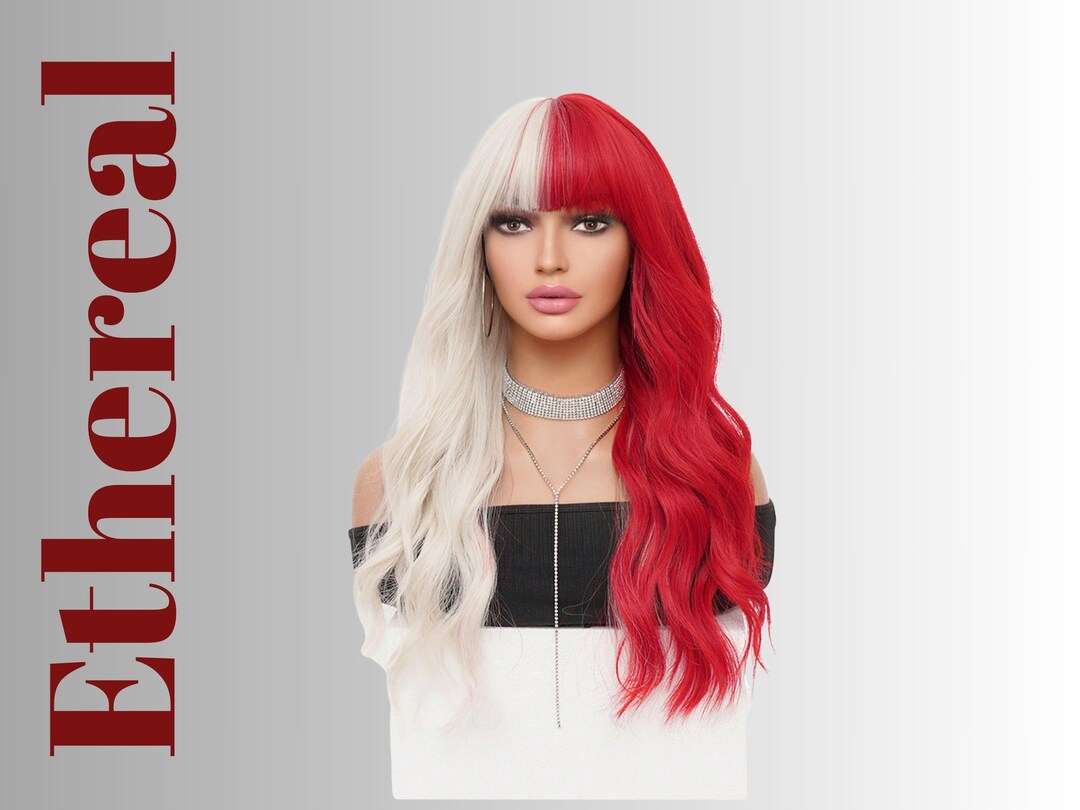 Red and Blonde Split Wig – 26 Inch Long Wavy Synthetic Wig With Bangs ...