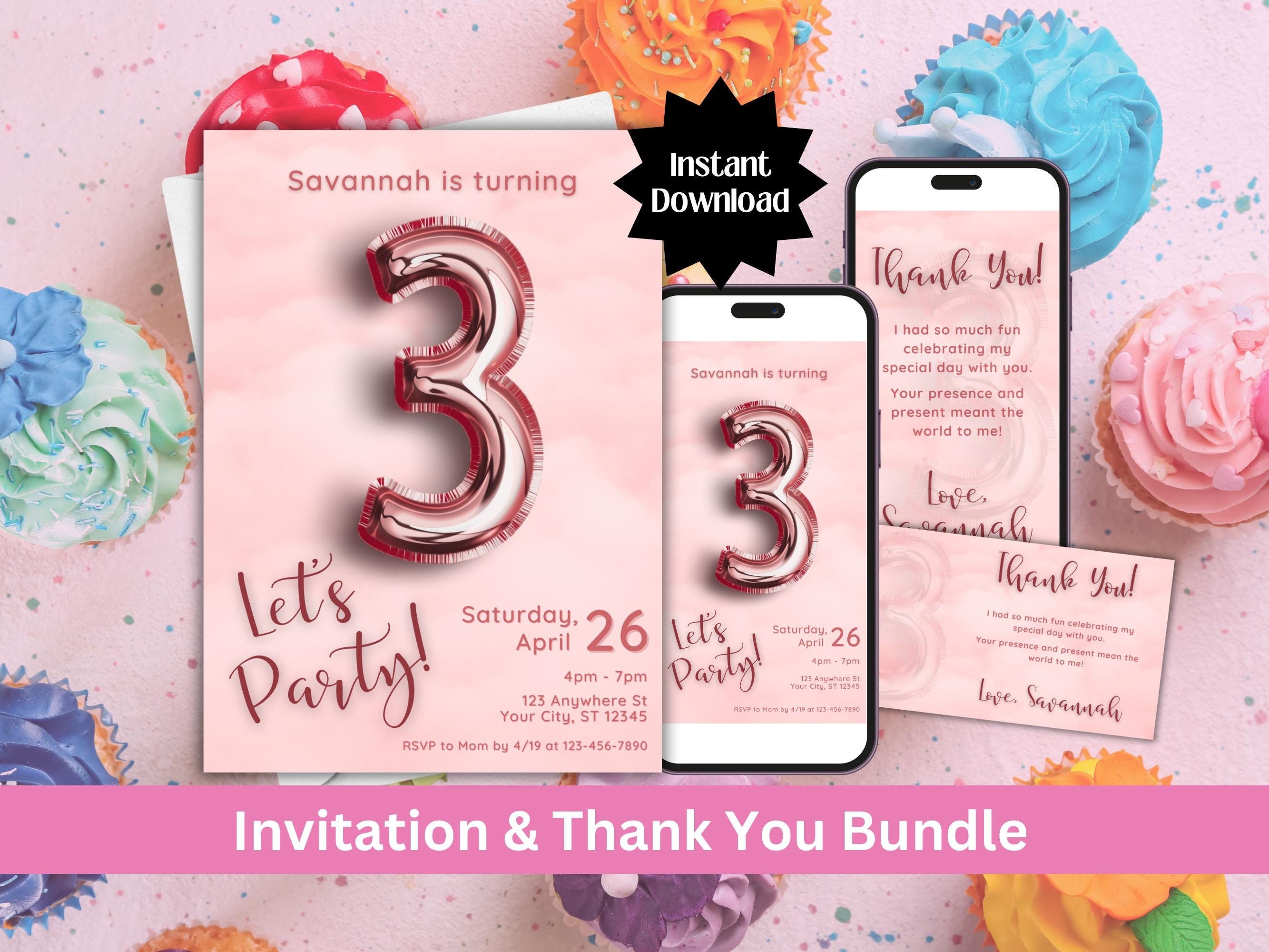Editable 3rd Birthday Invitation Template, Girls 3rd Birthday Party ...