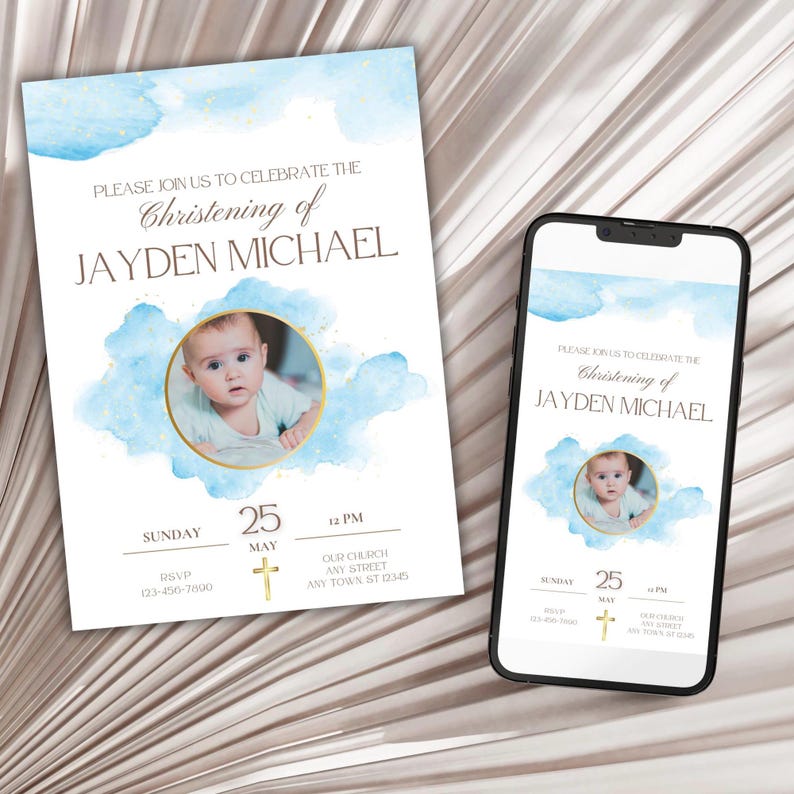 Christening Invitation Template, Editable Boys Baptism Invite, Digital ...