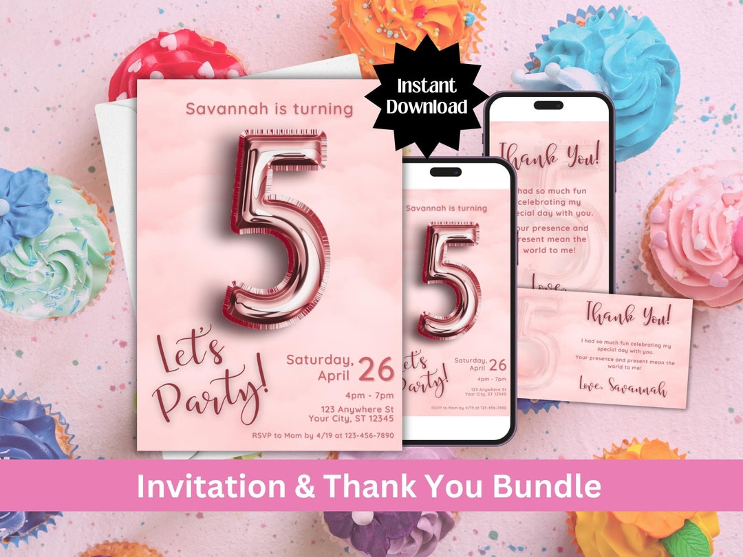 Editable 5th Birthday Invitation Template, Girls 5th Birthday Party ...