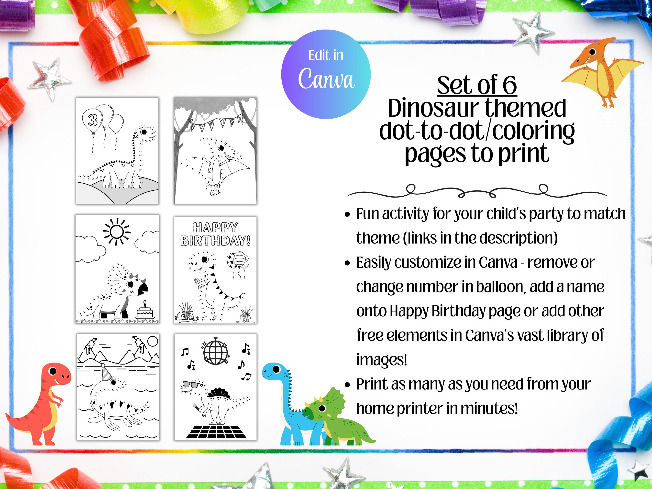 Dinosaur Dot to Dot Coloring Pages, Fun Kids Party Activity, Chomp ...