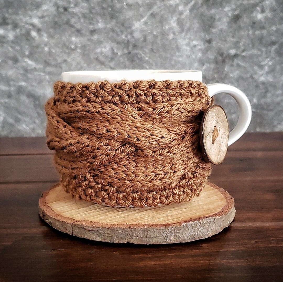 Chunky Knit Cup Cozy, Cinnamon Brown Coffee Mug Sleeve, Reusable Warmer ...
