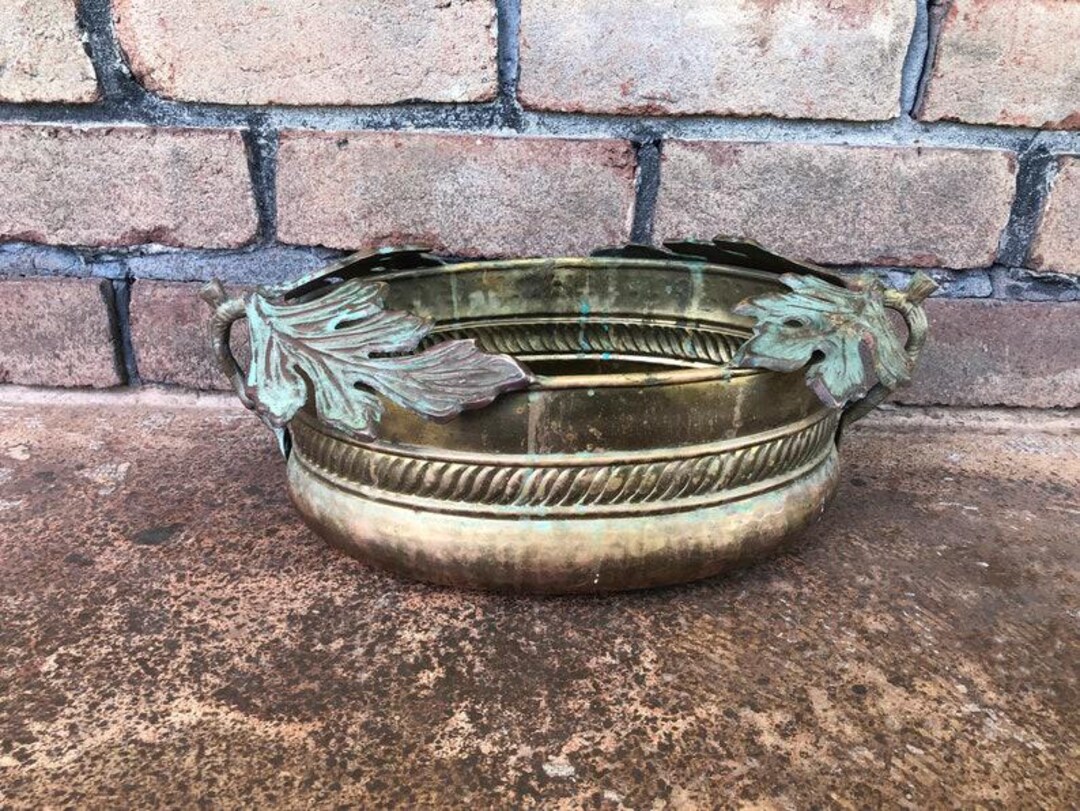 Vintage Brass Display Bowl, Large Brass Bowl With Oak Leaf Handles, Oak ...