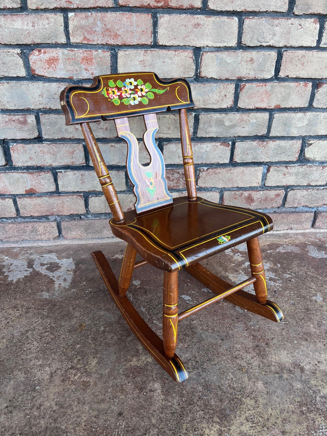 Vintage Child's Tole Painted Wood Rocker, Hand Made Rocker, Kid's ...