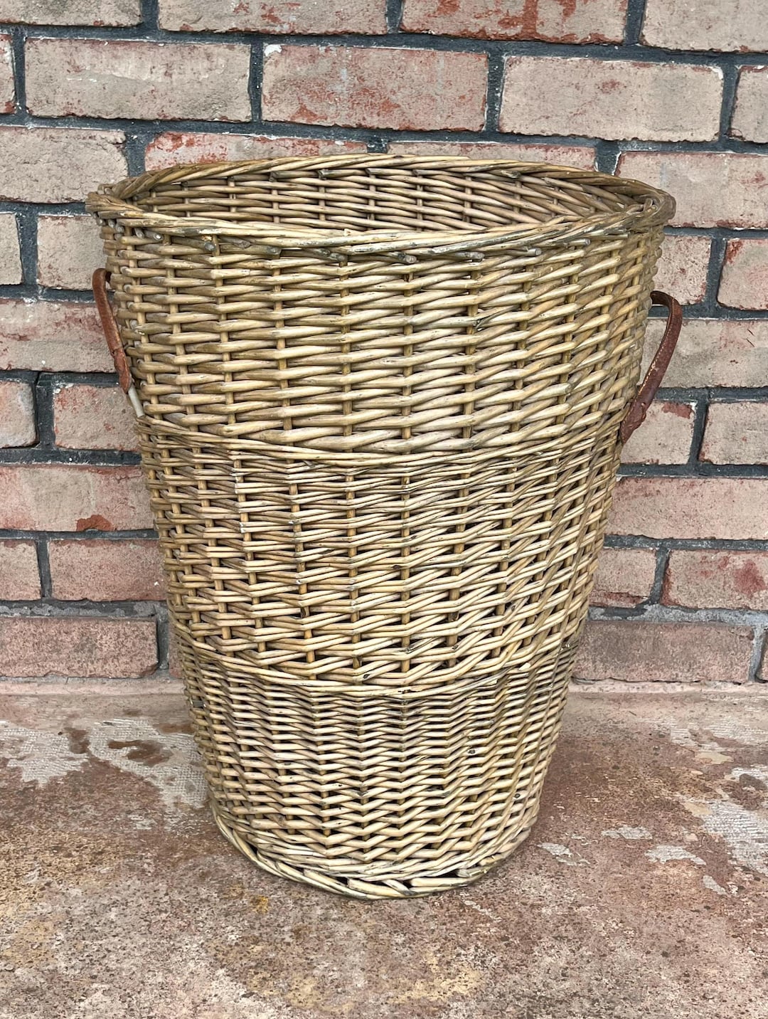 Large Vintage Wicker Laundry Basket With Leather Handles, Tall Woven ...