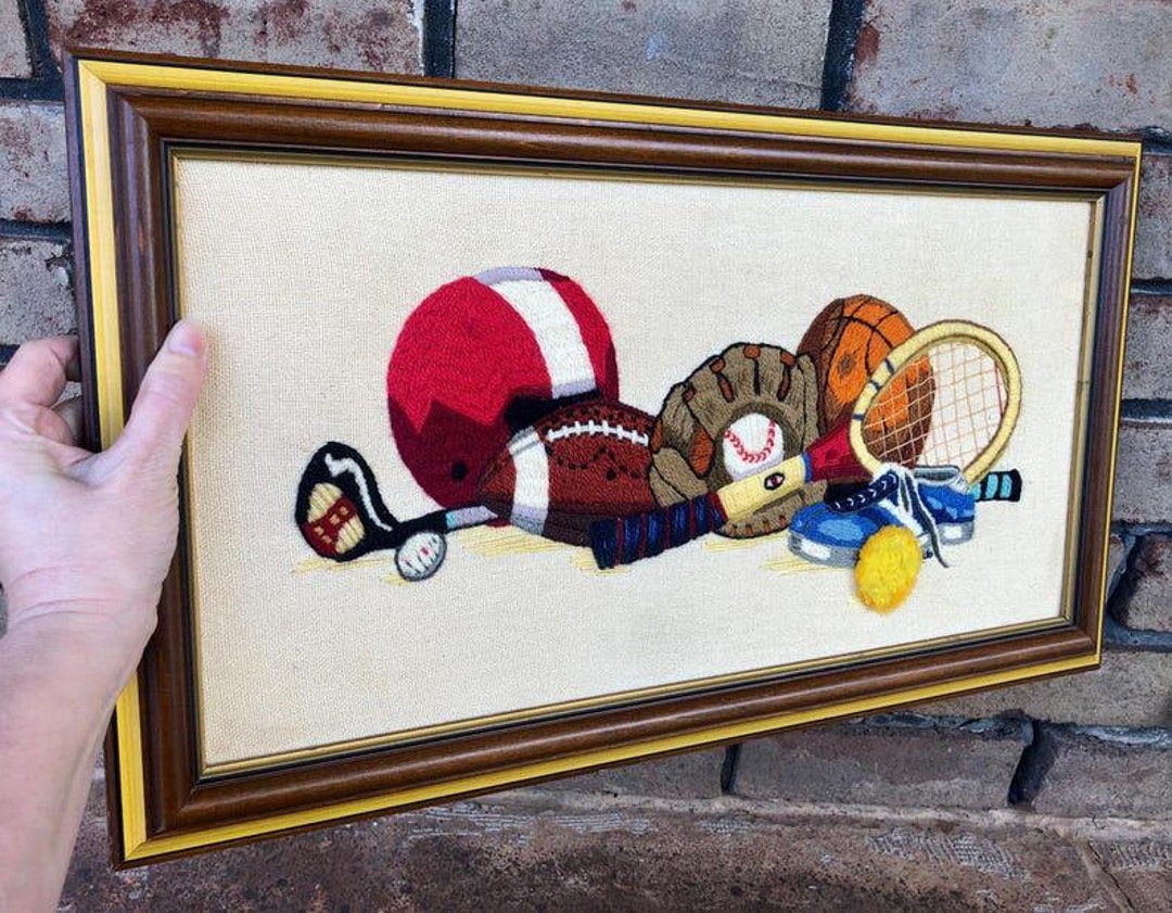 Vintage Sports Needlepoint Art, Embroidered Sports Art, Crewel Art ...