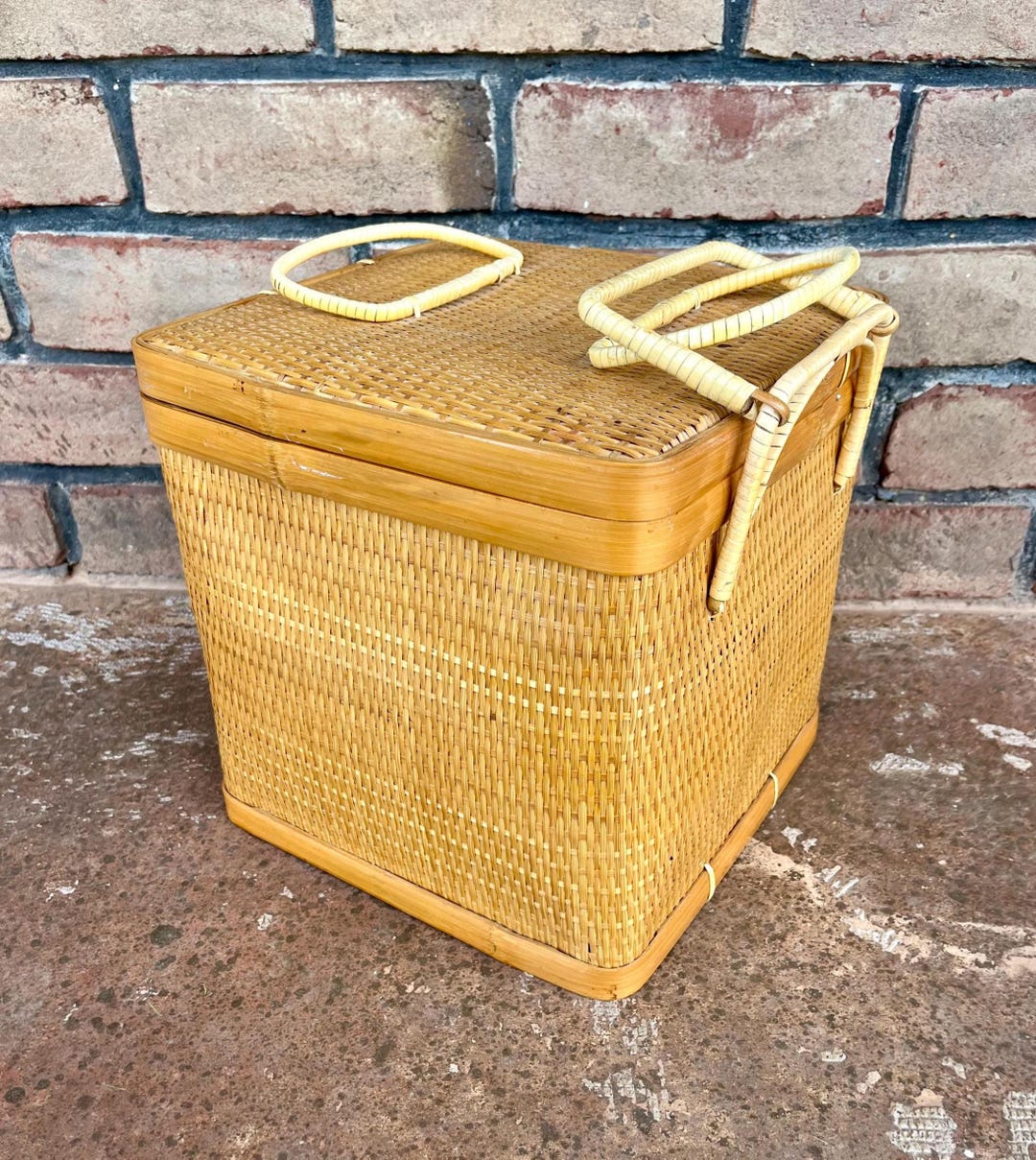 Vintage Square Wicker Basket, Box Basket, Woven, Carrying Handles ...
