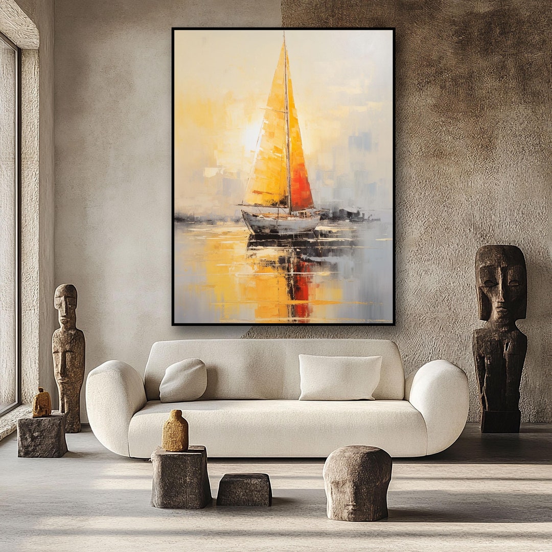 Sunset Sea View and Sailboat, 100% Hand Painted,abstract Oil Painting ...