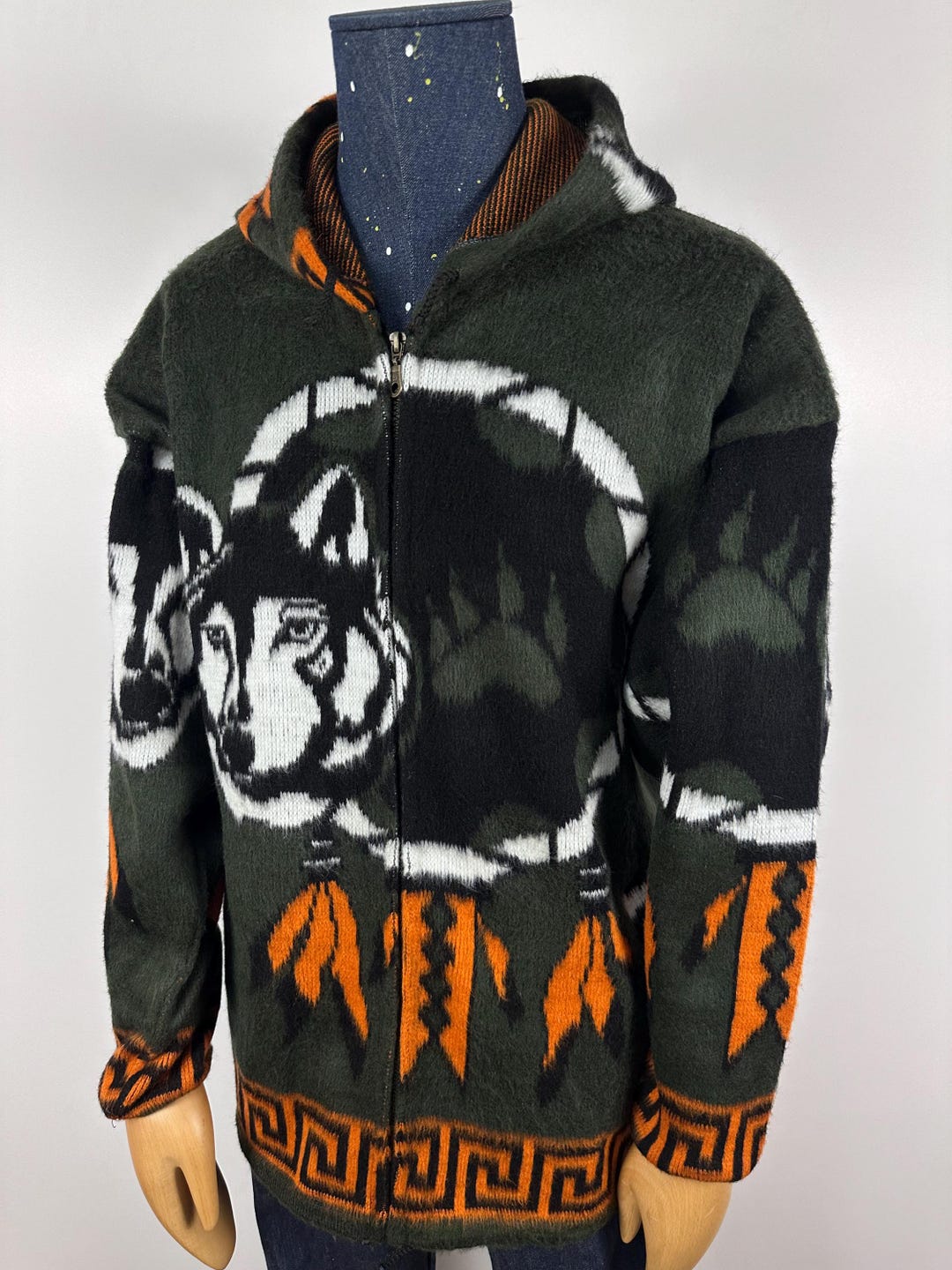 Vintage Genesis Wolf Fleece Jacket Wool Warm Mens Overprint Nature Size ...