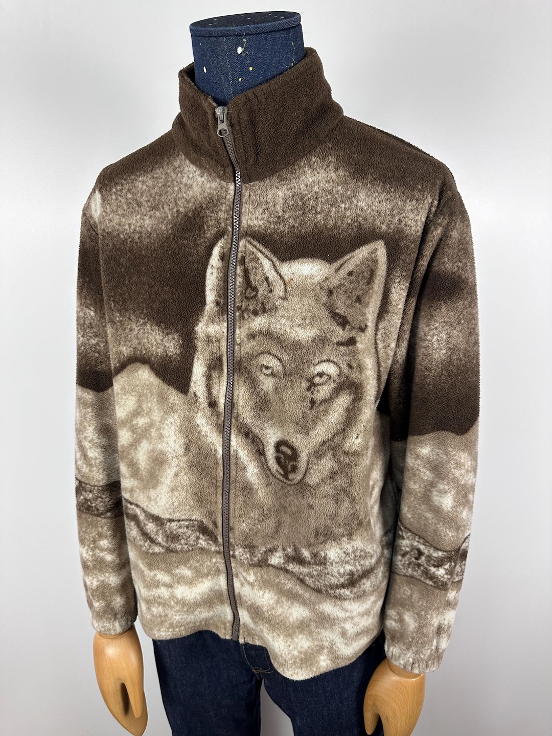 Vintage Wolf Fleece Jacket Sherpa Warm Mens Overprint Nature Size M ...