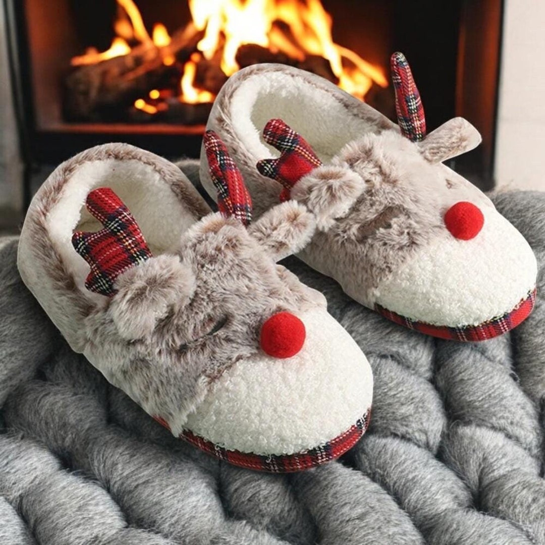 Christmas Elk Cozy Home Slippers, Cotton Wool Reindeer Slippers, Women ...