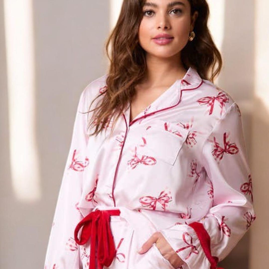 Red Bow Pajama Set, Satin Pajama Set, Galentine Pijama Party, Pajama ...