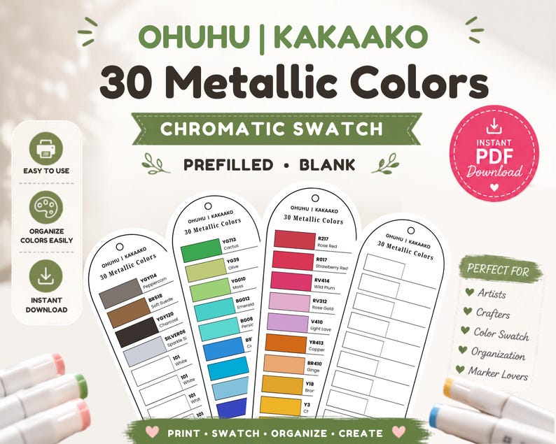 Ohuhu Kakaako 30 Metallic Colors | Swatch Color Card Printable | PDF ...