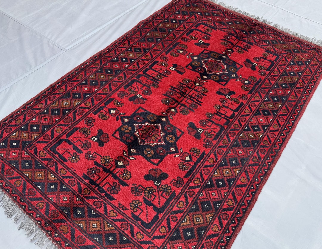 4x3 Afghan Bukhara Rug, Turkmen Red Fine Quality, Handmade Wool Area ...