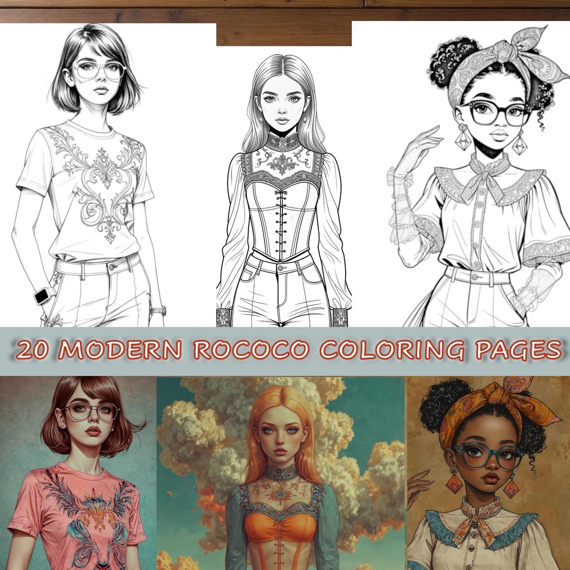 20 Modern Rococo Coloring Pages – Digital Download, Elegant Fusion Art ...