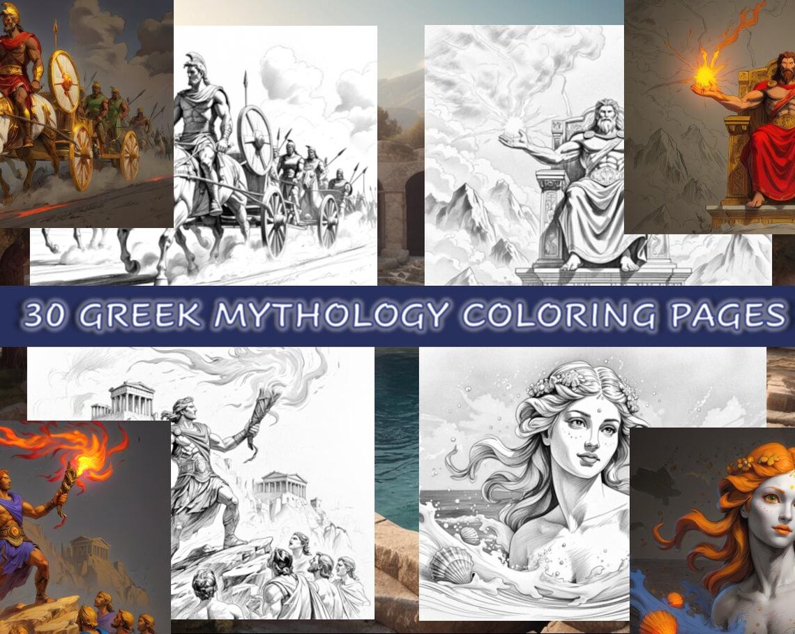 Greek Mythology Coloring Set – 30 Pages, Grayscale & Light Version ...
